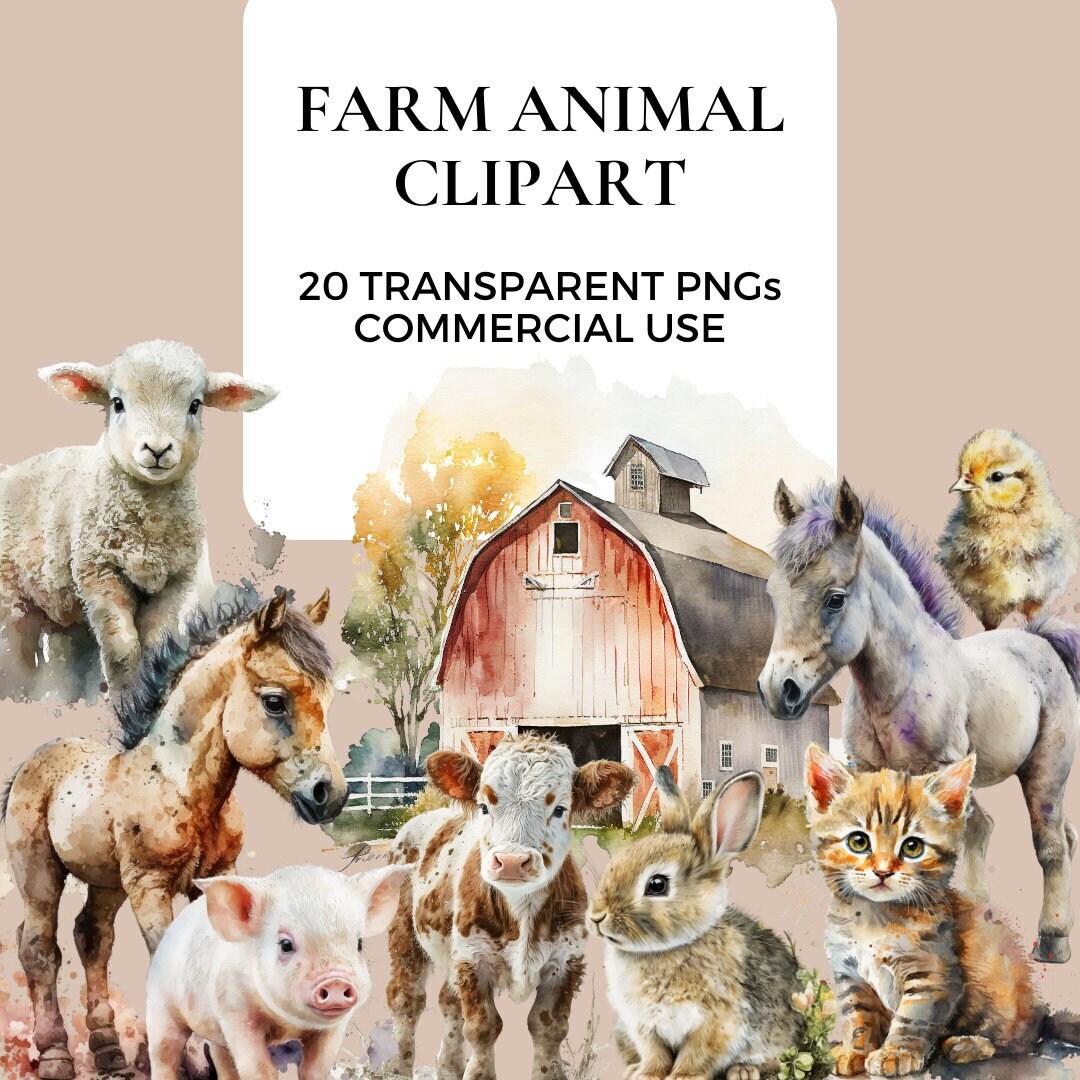 Watercolor Farm Animal Clipart, Cute Animals Pack, Commercial Use ...