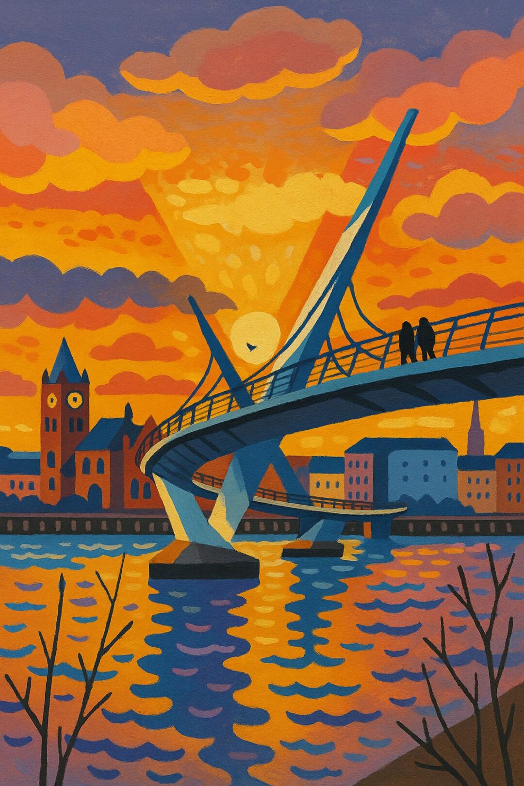 Peace Bridge Derry Sunset Print – Modern Folk Art Landscape Wall Decor ...
