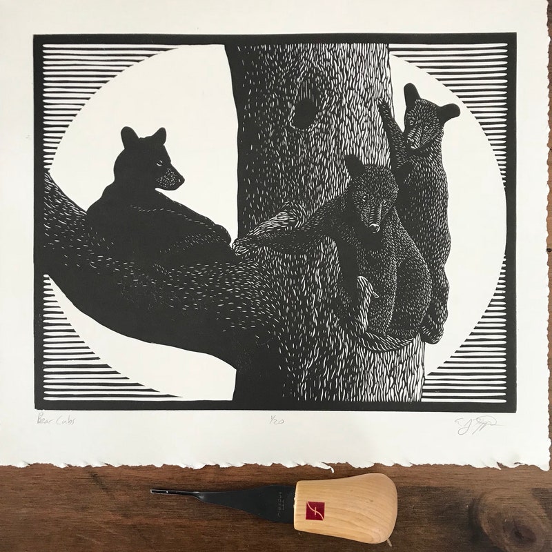 Linocut Bear - Etsy