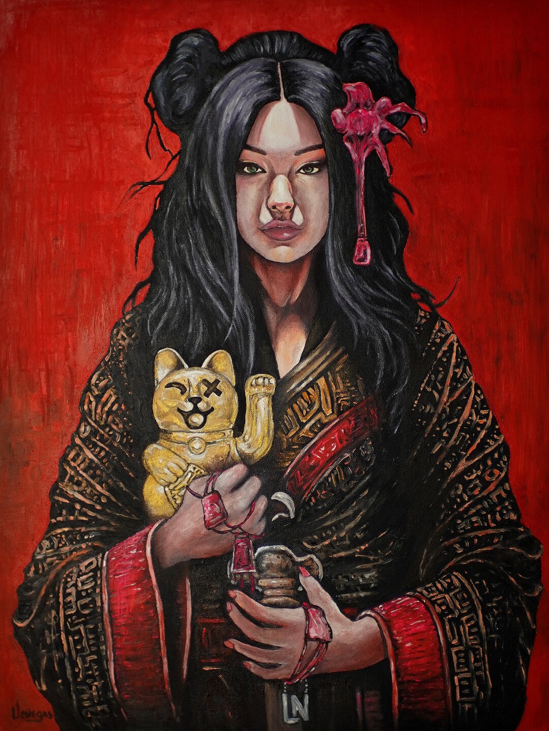 Geisha & Lucky Cat Original Red Oil Painting 18 X 24 in by Manuel ...