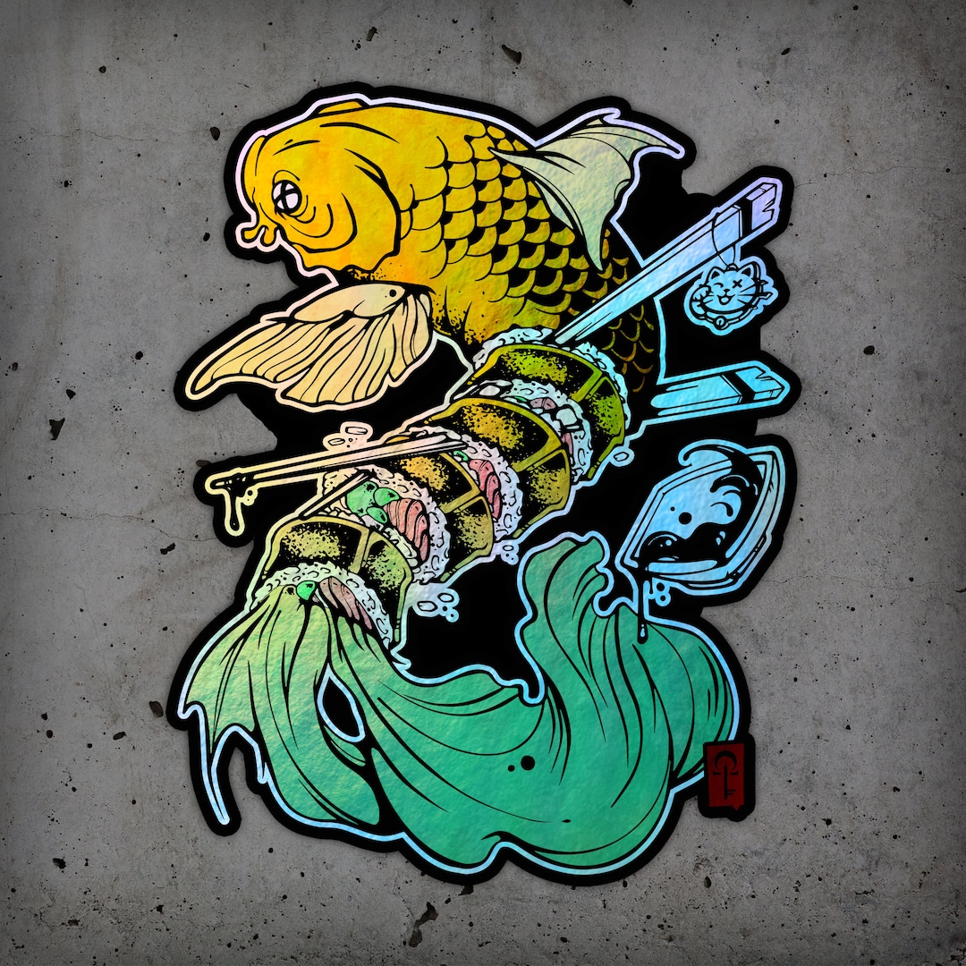 Japanese Sushi Koi Fish Holographic Sticker - Weather-resistant Vinyl ...