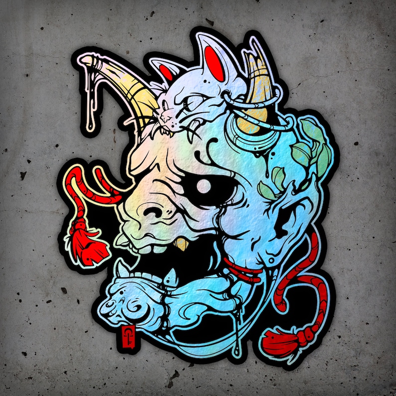Japanese Hannya Mask Holographic Sticker - Weather-resistant Vinyl ...