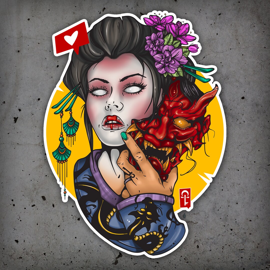 Geisha Oni Mask Full Color Sticker - Etsy