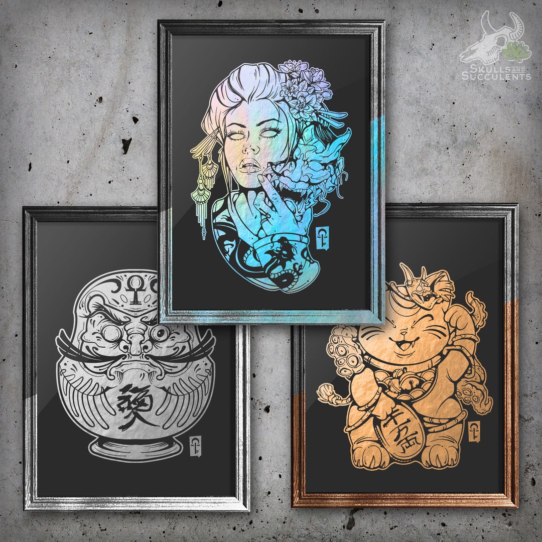Lucky Cat - Geisha - Daruma Doll Foil Art Print Japanese Set of 3 - Etsy