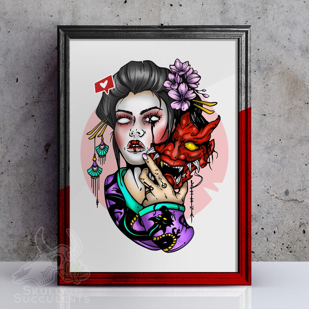 Geisha + Oni Mask (2025 Dark Version) Color Art Print - Etsy