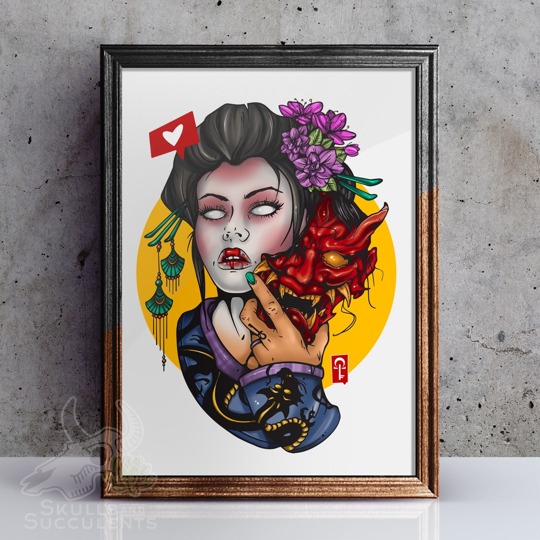 Geisha Oni Mask Color Art Print - Etsy