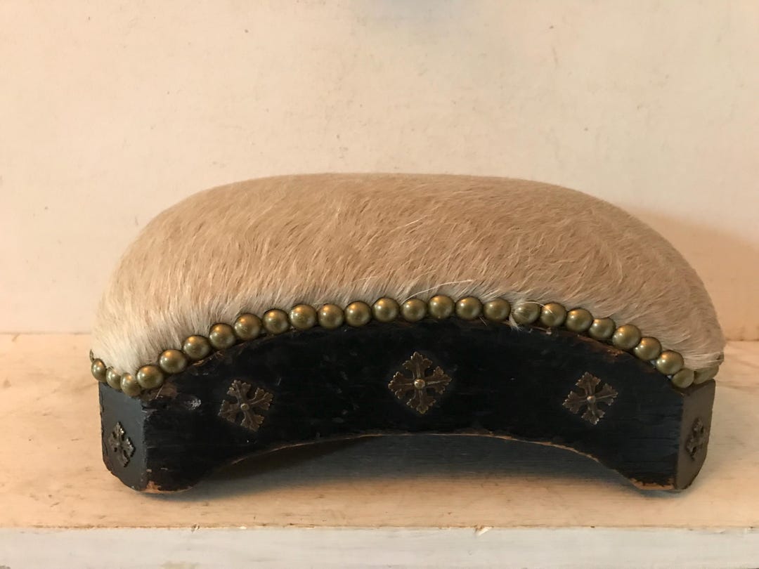 Antique English Footstool Cowhide Nailheads Gothic Stool Wood Stool ...