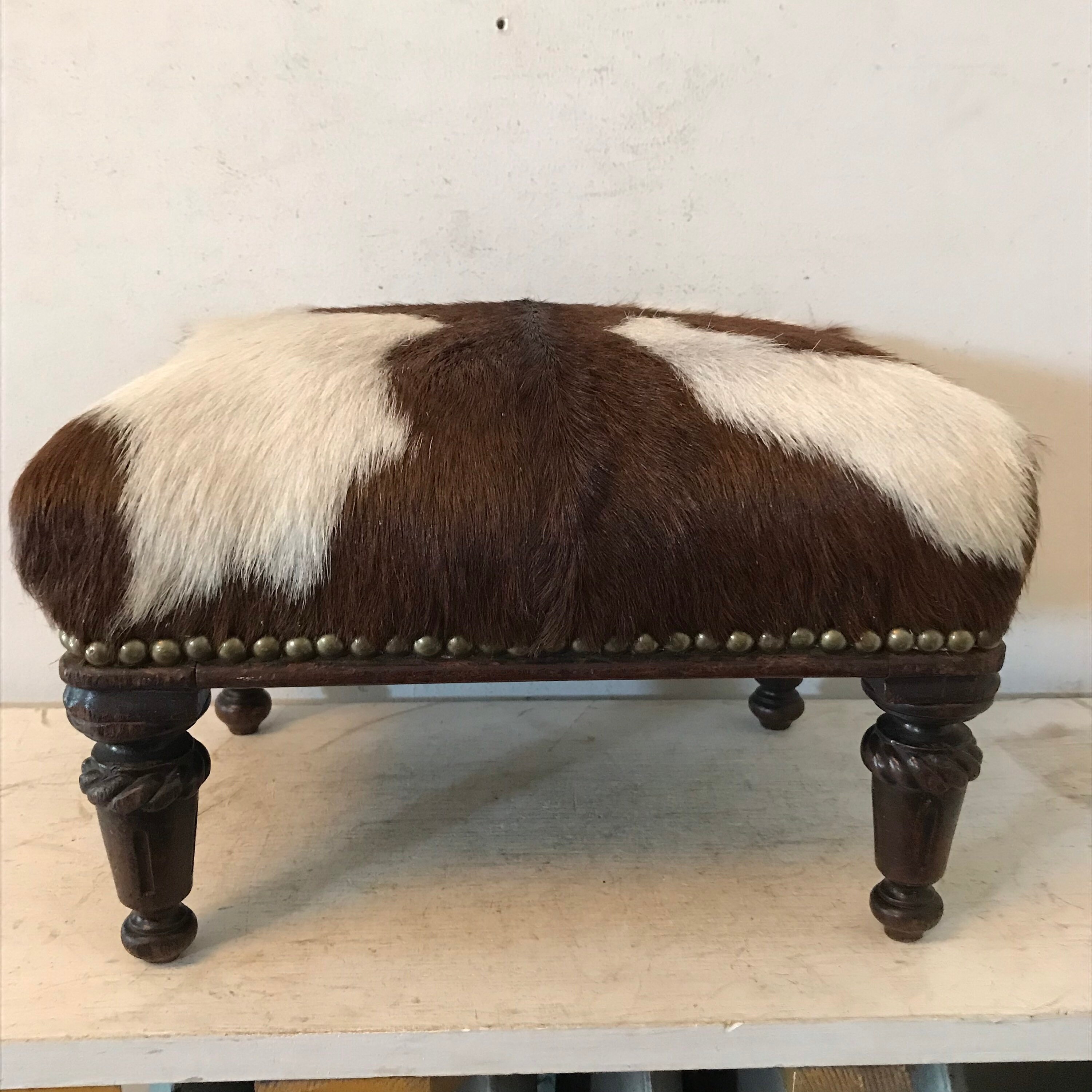 Antique French Footstool Hair Hide Leather Goat Hide Nailheads - Etsy