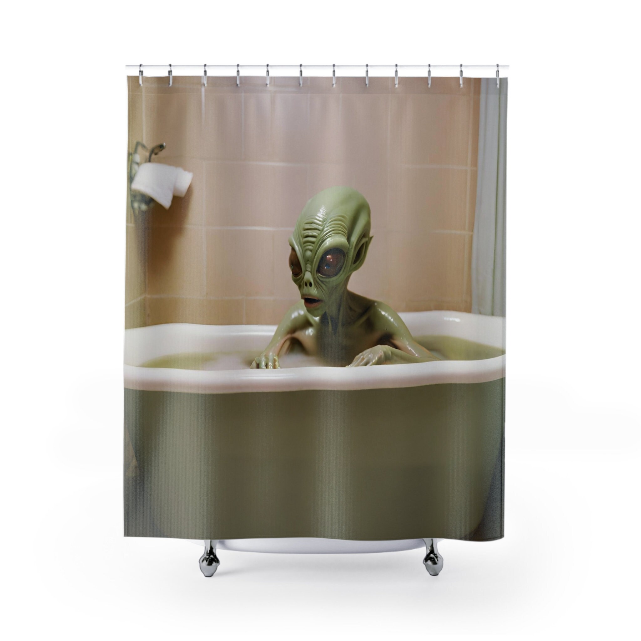 Alien Shower Curtain, Peeking Alien, Creepy Bathroom Decor, Cryptid ...
