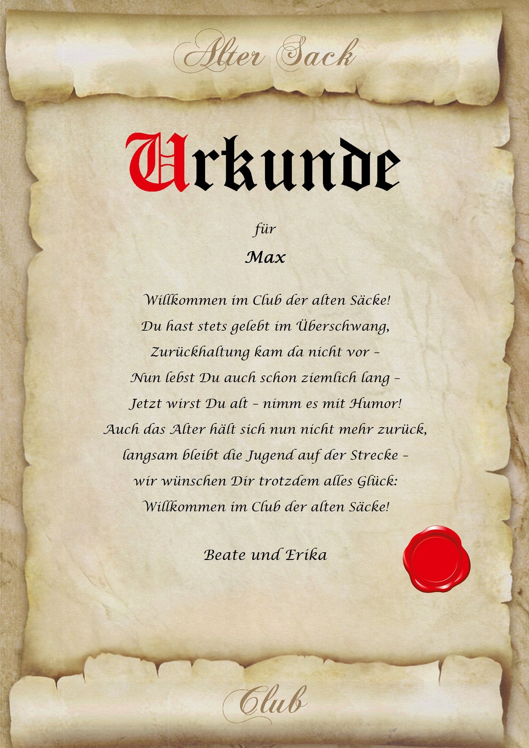 Urkunde ALTER SACK Club der alten Säcke personalisiert Geburtstag Geschenk Karte - Etsy.de
