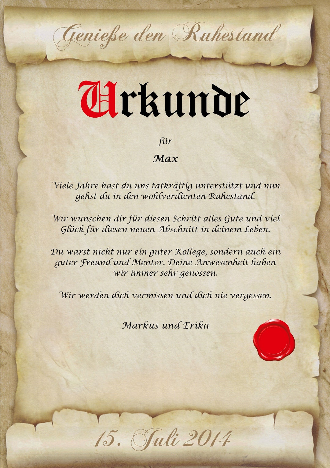 Ruhestand Urkunde personalisiert Geschenk Karte zur Rente Abschied ...