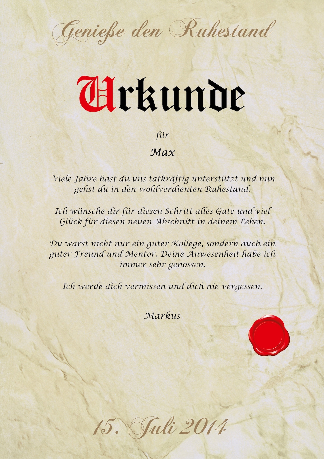 Ruhestand Urkunde personalisiert Geschenk Karte zur Rente Abschied ...