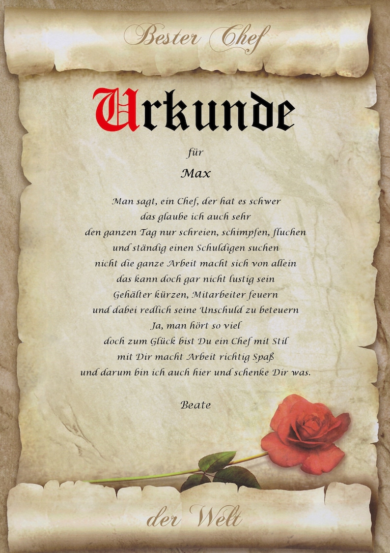 Urkunde personalisiert Geschenk Karte bester Chef beste Chefin der Welt ...