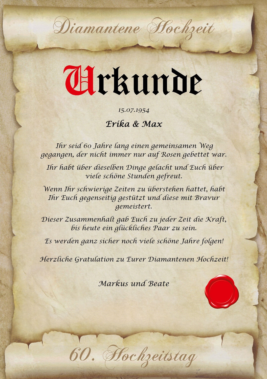 Diamantene Hochzeit Urkunde personalisiert Geschenk Karte zum 60. Hochzeitstag - Etsy.de