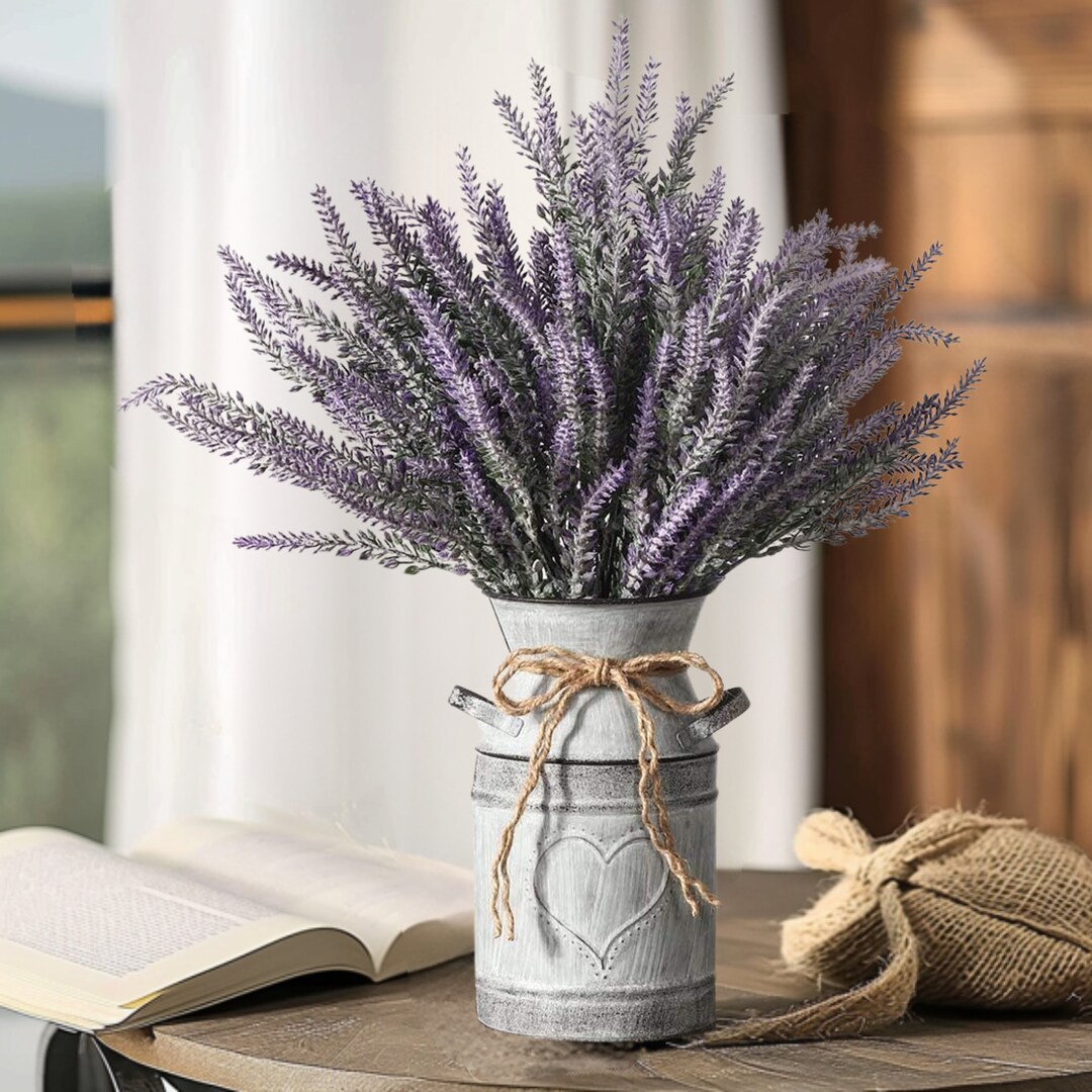 Artificial Lavender Flowers in Rustic Metal Vase, Vintage Farmhouse ...