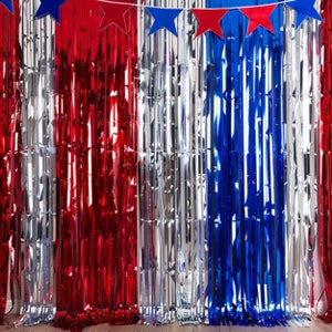 Red White and Blue Decor Tinsel Foil Fringe Curtains 3-pack Patriotic ...
