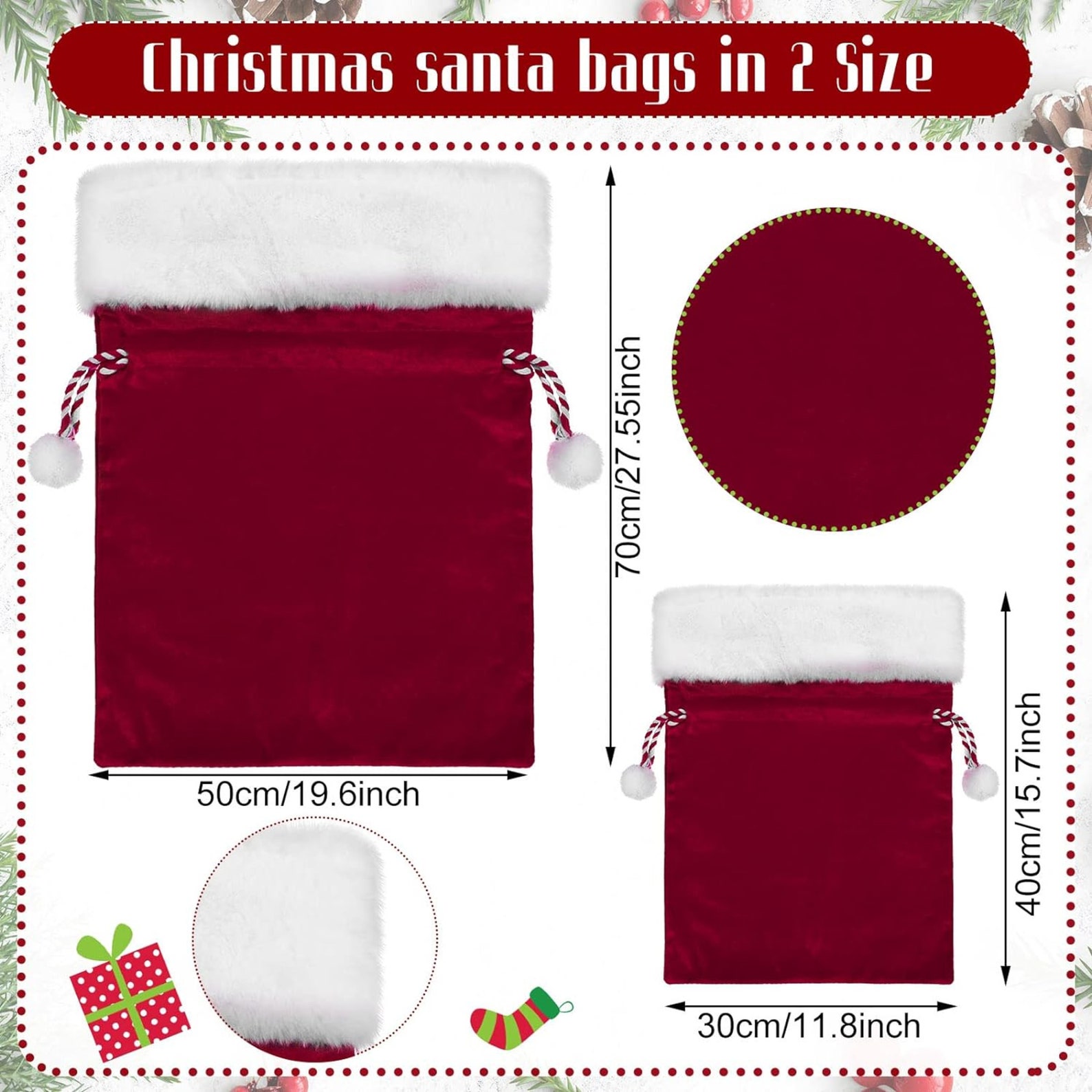 2-piece Velvet Santa Bags in Large and Small Drawstring Christmas Gift ...