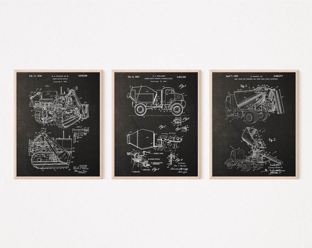 Construction Trucks Wall Art Set of 3, Heavy Machinery Patent Posters ...