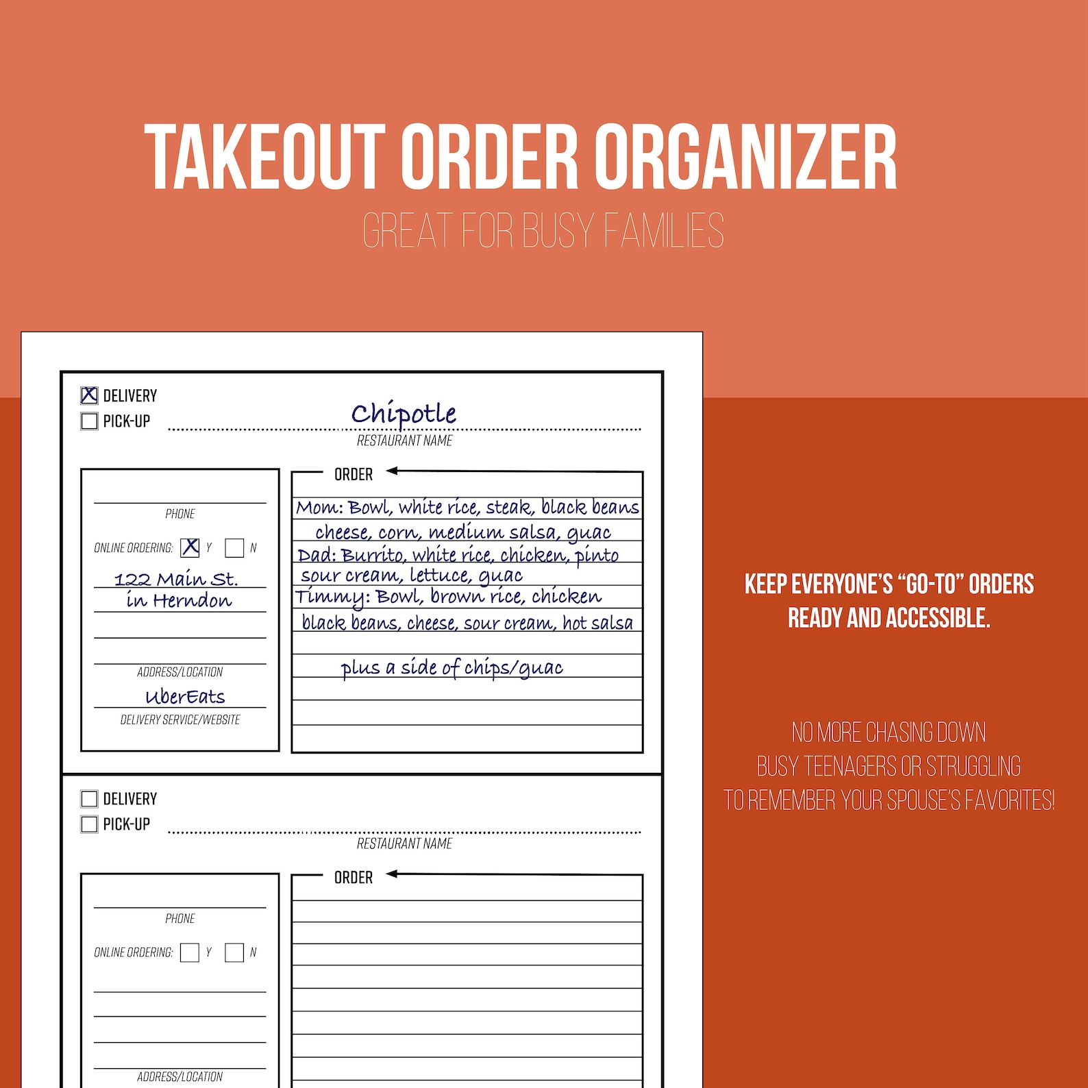 Takeout Order Organizer Printable - Etsy