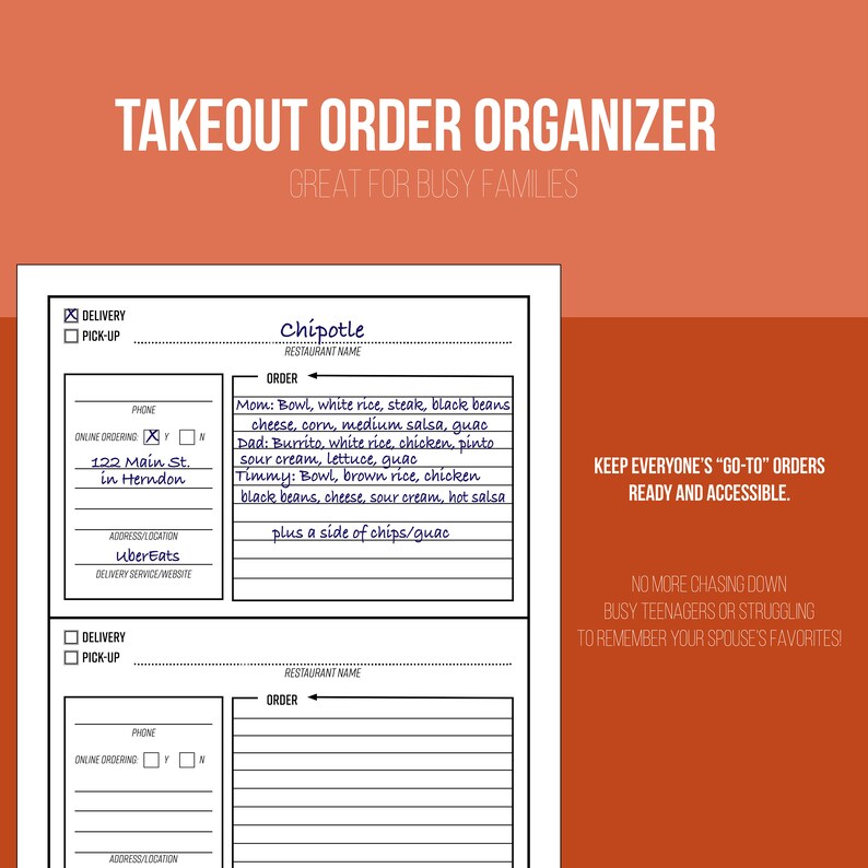 Takeout Order Organizer Printable - Etsy