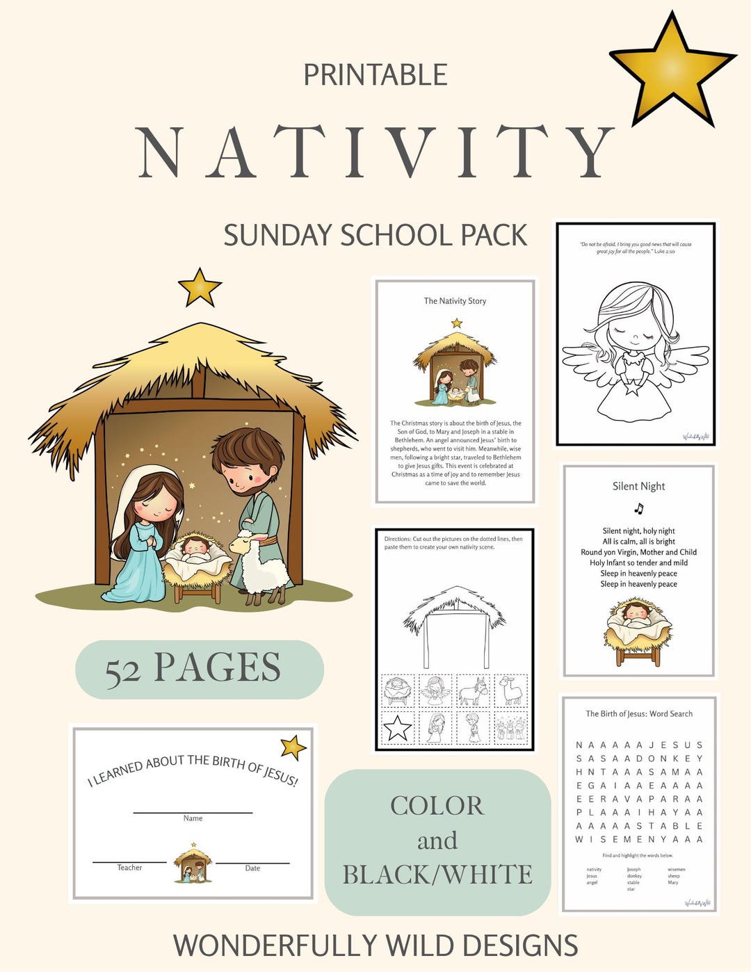 Printable Nativity Sunday School Pack, Christmas Bible Lesson for Kids ...
