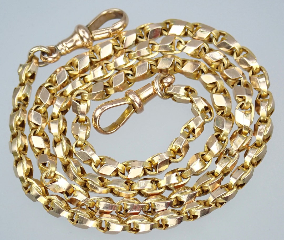 Fabulous Antique Victorian Solid 9k Gold Fancy Double Belcher Link Watch Chain Necklace With Dog ...