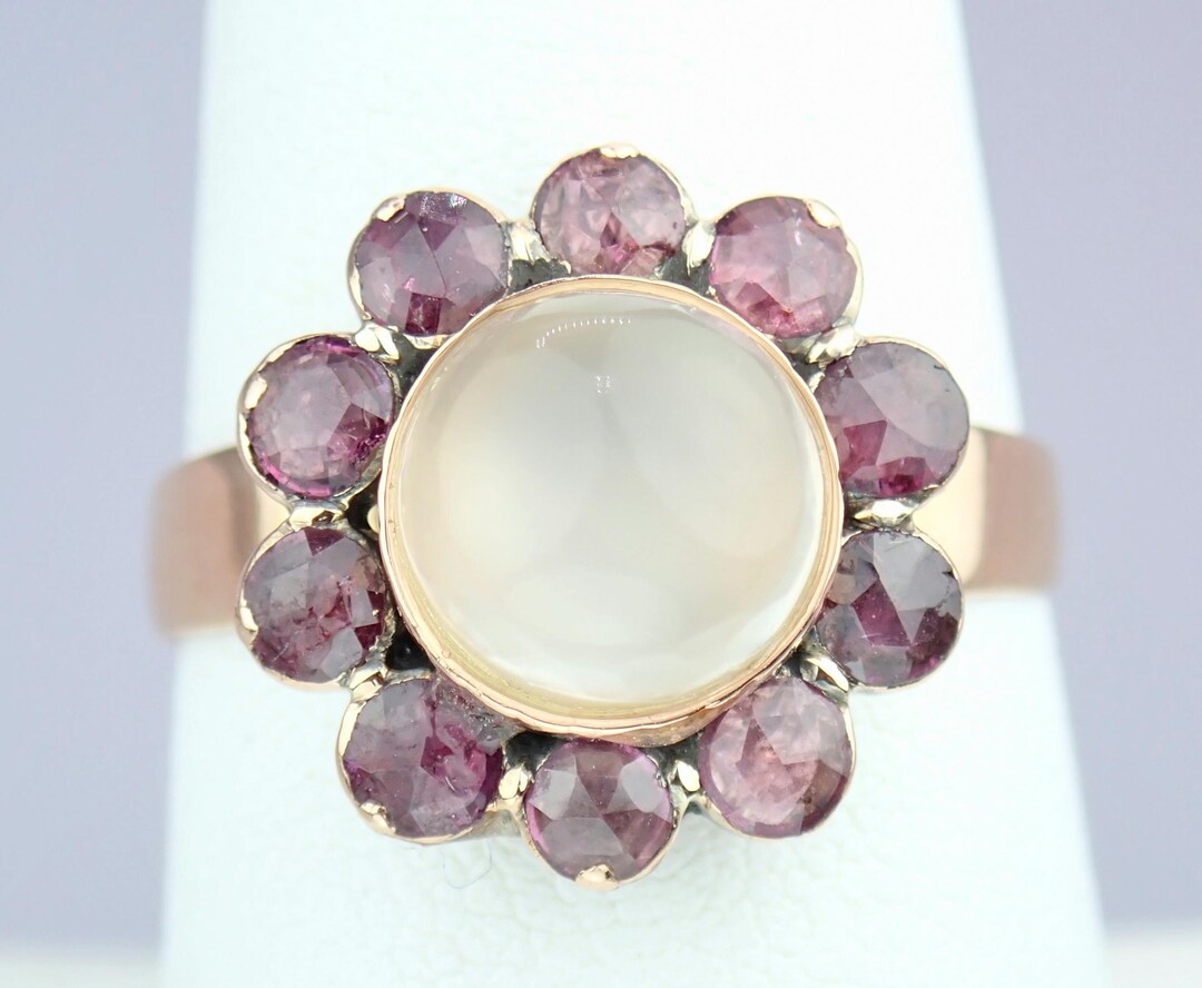 Glowing Antique Georgian 18th C. Solid 14k Rose Gold Moonstone Garnet ...