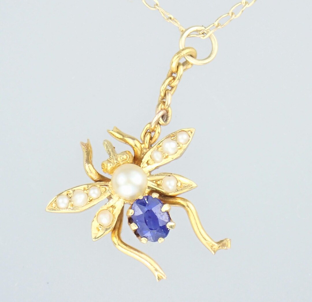 Antique Victorian 14k Gold Sapphire Pearl Bug Insect Pendant Necklace ...