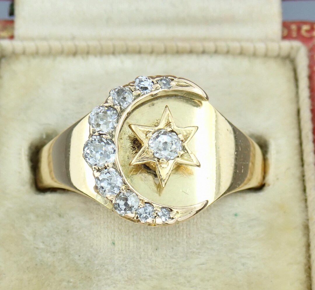 Enchanting Antique Edwardian Solid 18k Gold Diamond Star Crescent Moon ...