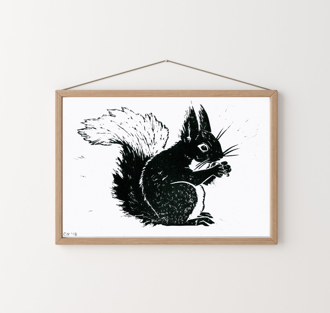 Squirrel Linocut Print - Etsy