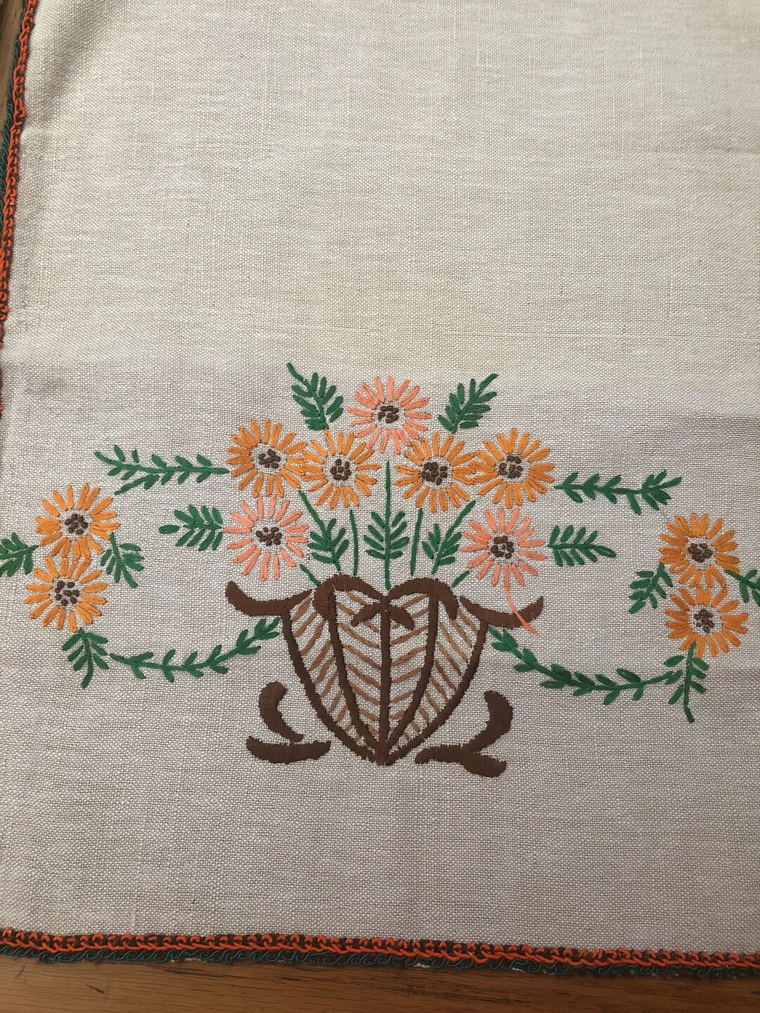 Vintage Embroidered Linen Tray Cloth Oranges, Green and Browns - Etsy ...