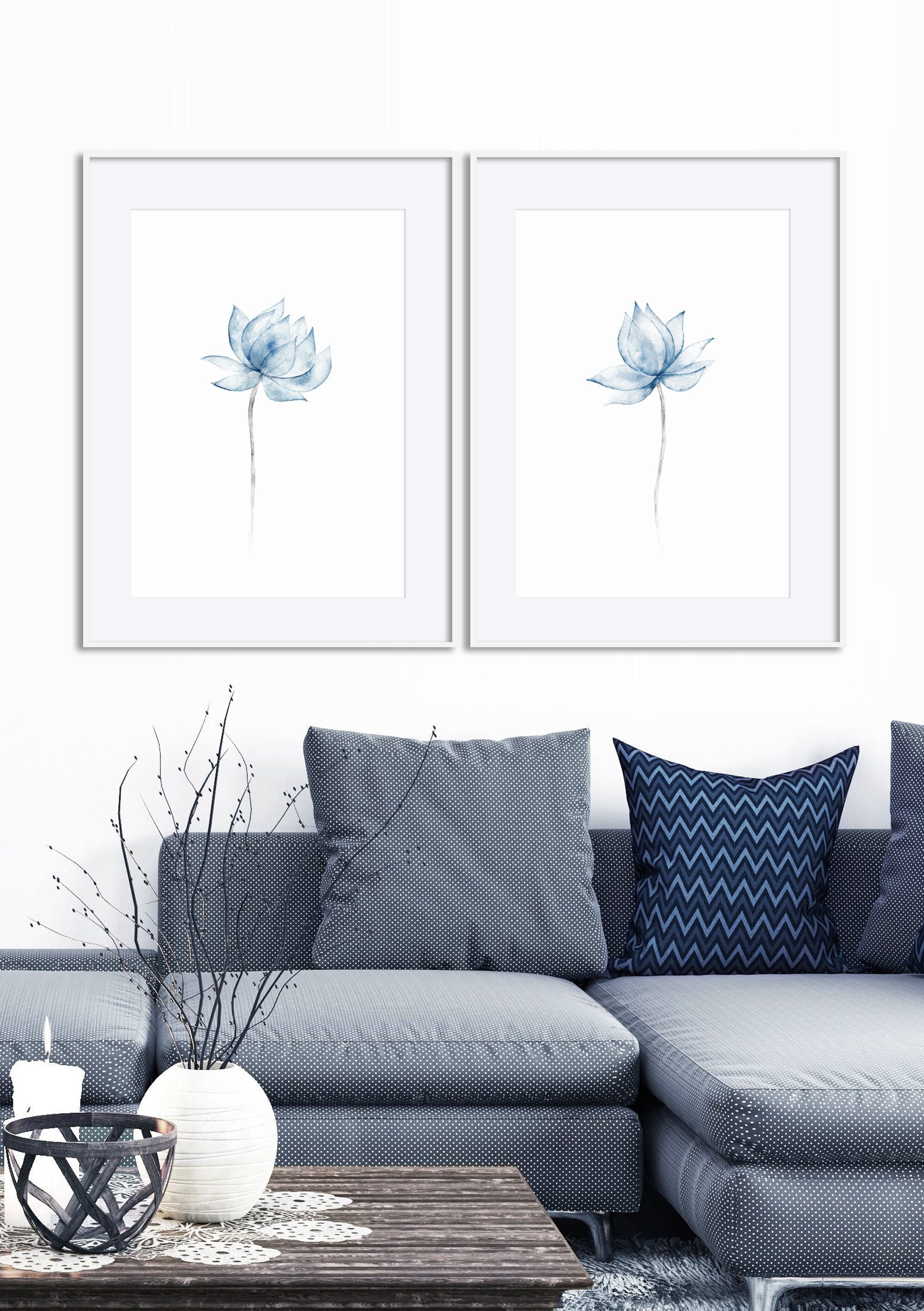 A Set of Two Navy Blue Lotus Watercolor Paintings - Etsy