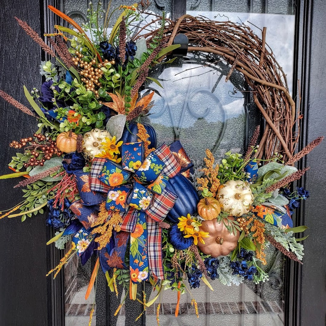 Fall Floral Grapevine Wreath in Navy Blue, Rust, and Yellow Accents ...