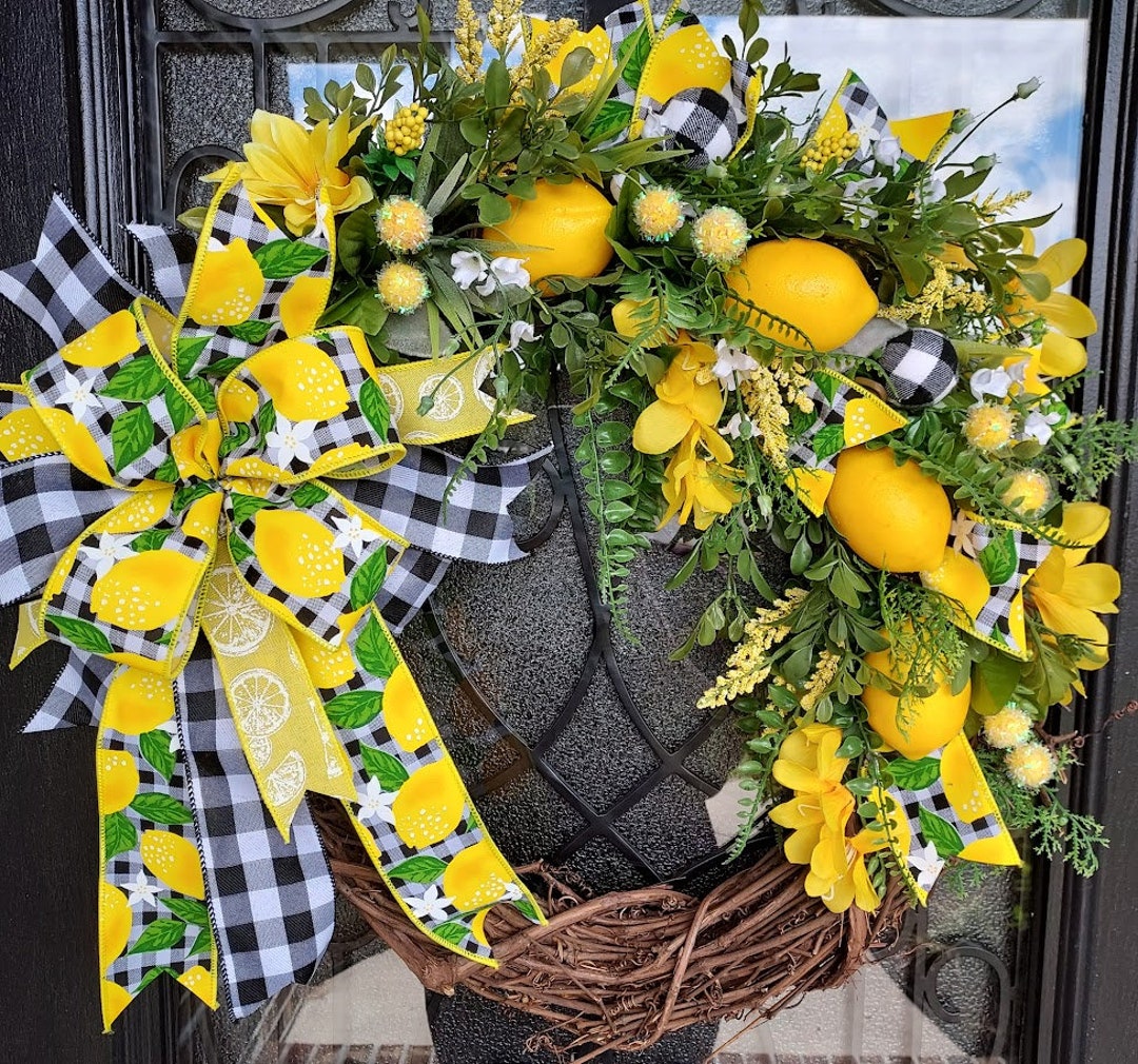 Lemon Wreath for Front Door, Black and Yellow Lemon Wreath, Lemon Porch ...