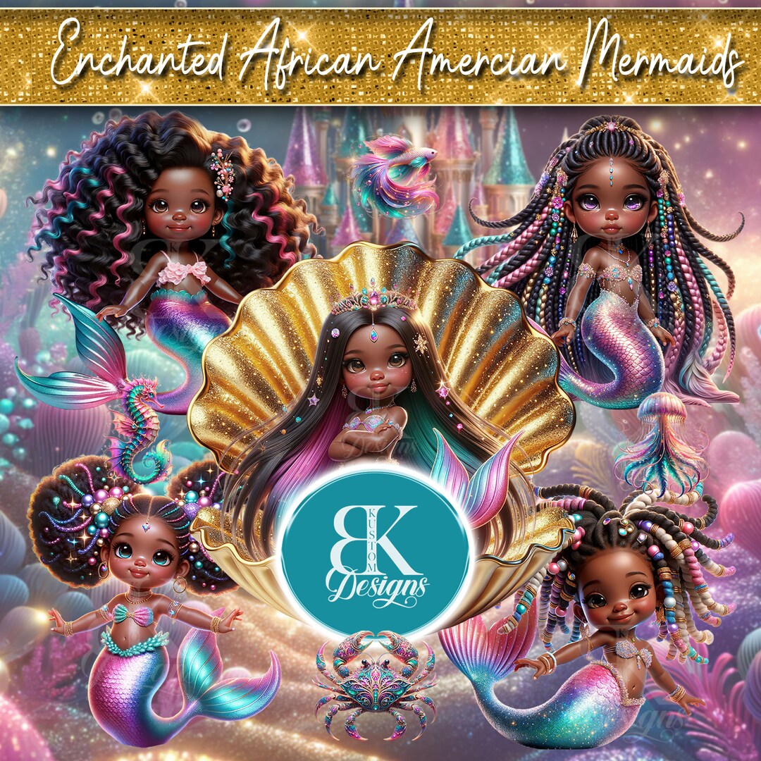 Enchanting African American Toddler Mermaids: 5-piece Digital Art ...
