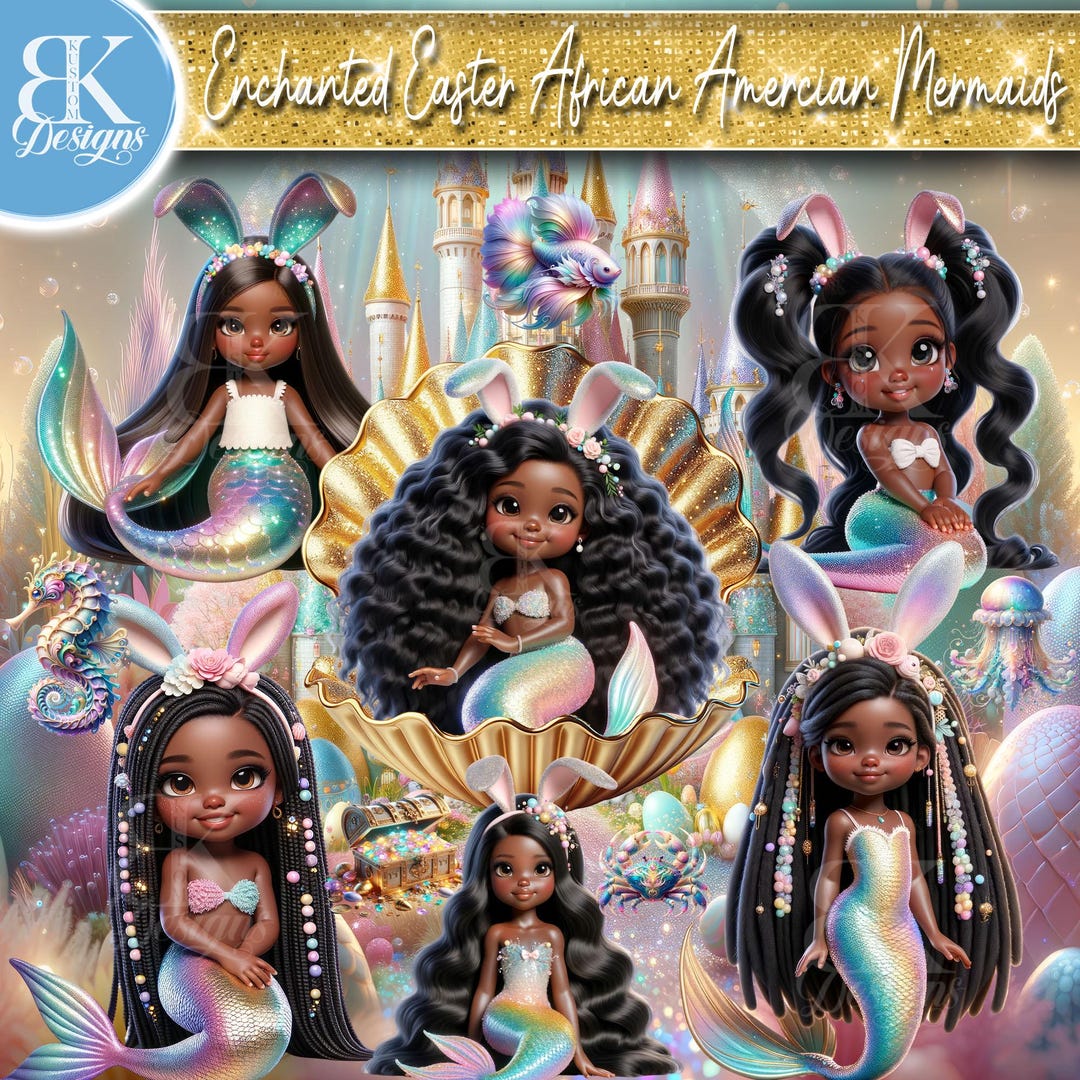 Easter Enchanting African American Toddler Mermaids: 5-piece Digital ...