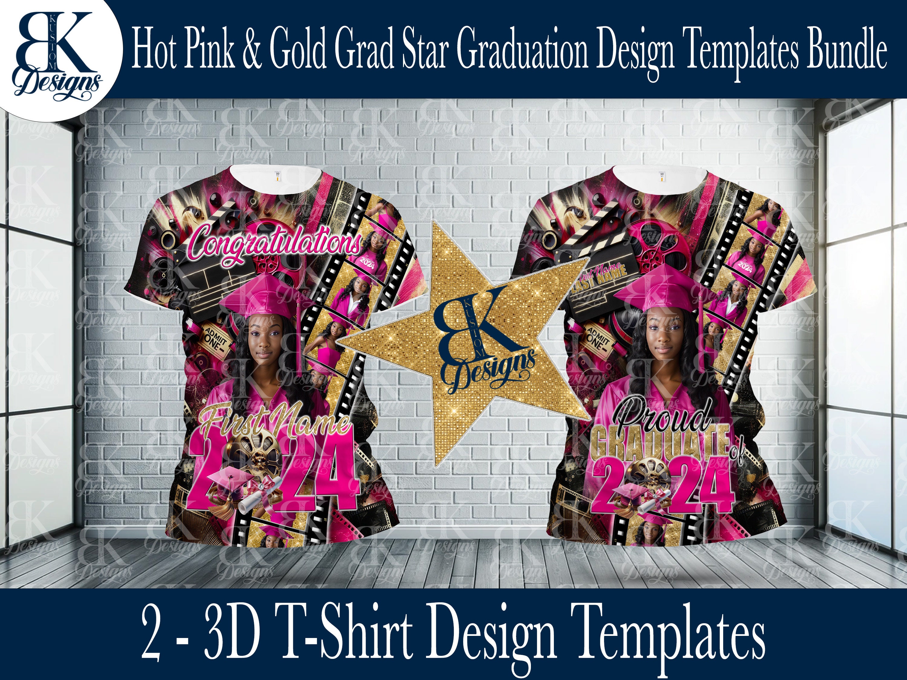 2025 Graduation Photoshop Templates Bundle - Hot Pink & Gold Grad Star ...