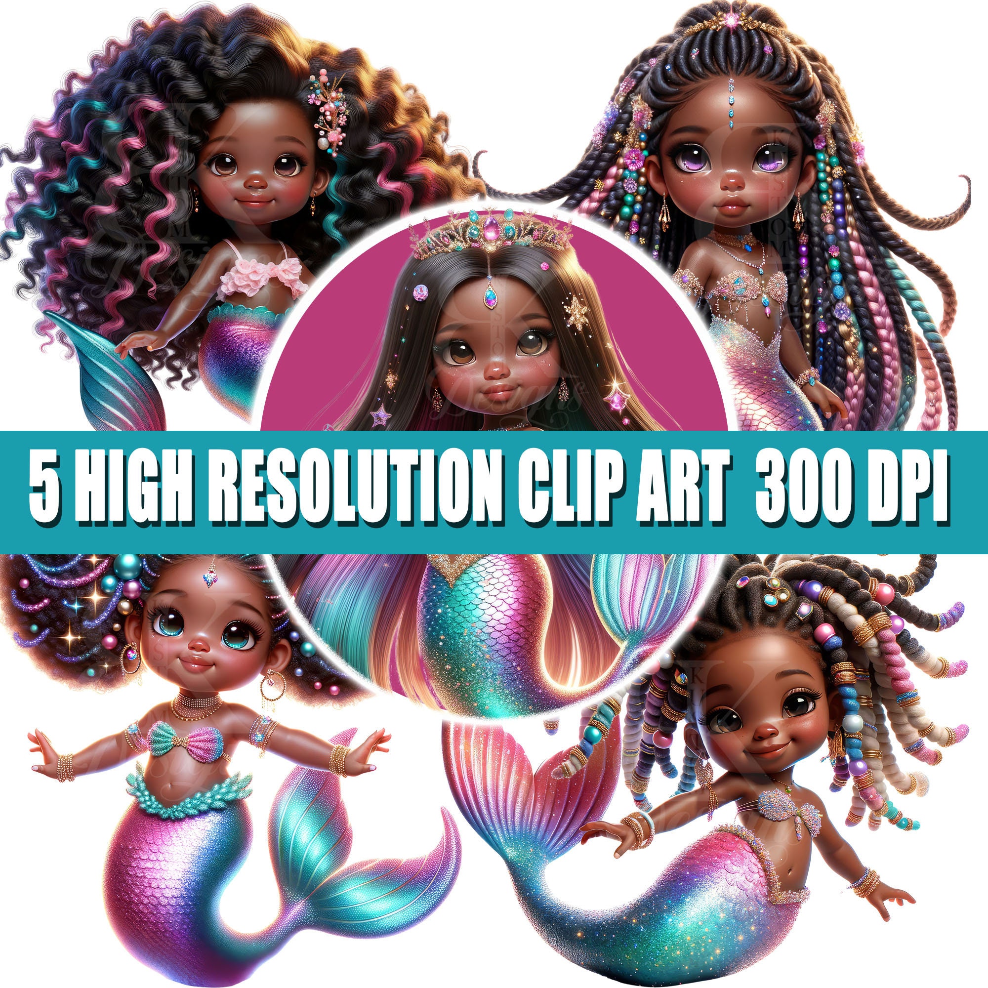 Enchanting African American Toddler Mermaids: 5-piece Digital Art ...