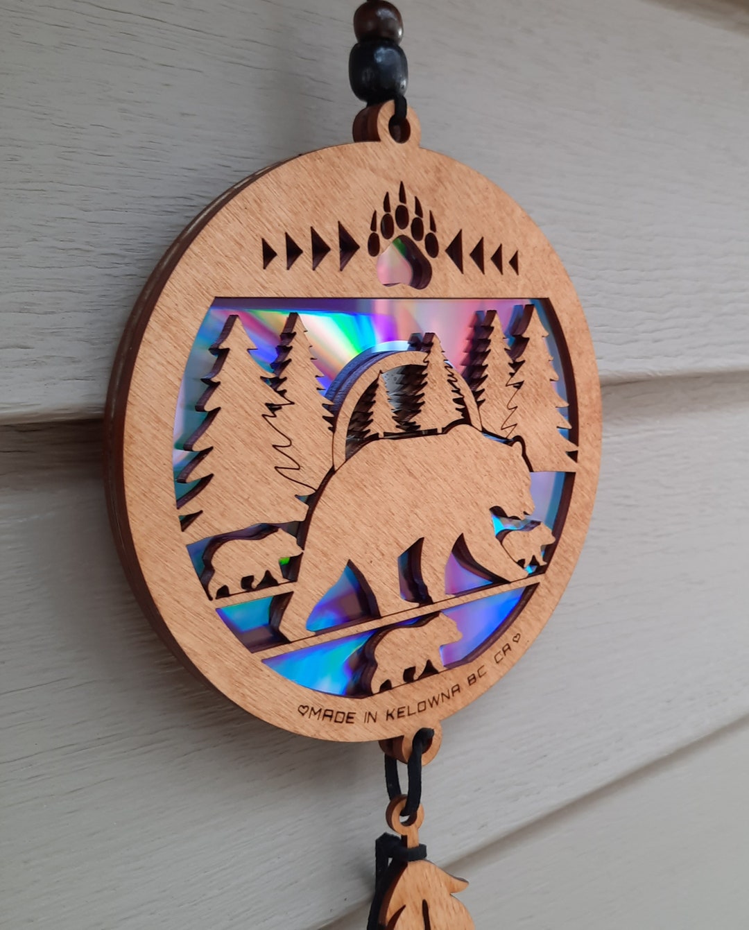 Mama Bear & Cubs Suncatcher Native Bear Paw Symbol Laser Cut Wood With ...