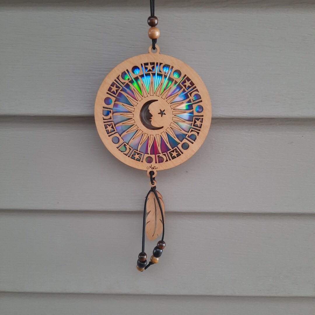 Moon, Sun and Stars Suncatcher Laser Cut Wood With Repurposed Dvds - Etsy