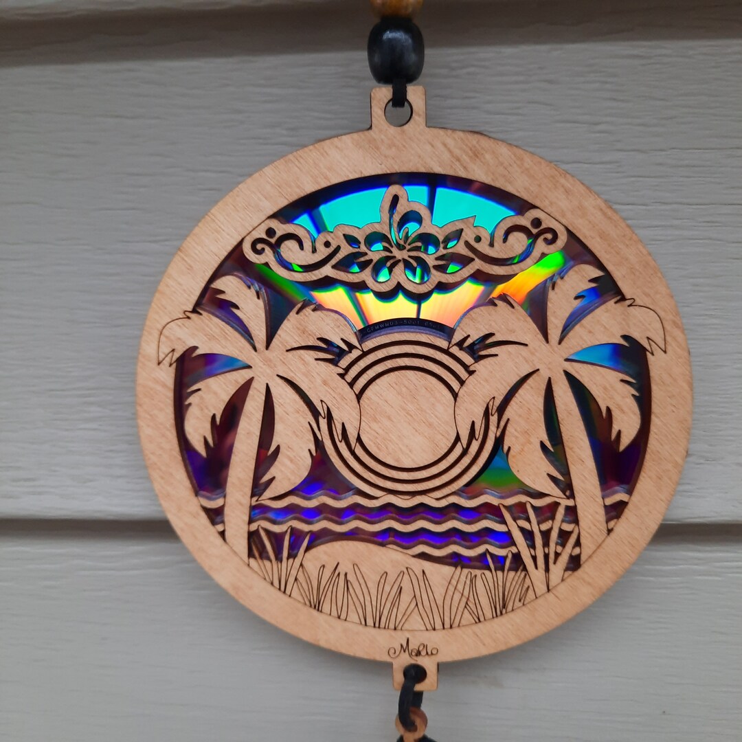 Tropical Beach Suncatcher Laser Cut Wood With Repurposed Dvds - Etsy