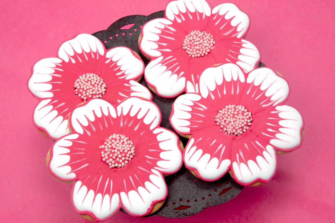 12 Magenta Pink Flower Iced Sugar Cookies Perfect For: Birthday, Spring ...