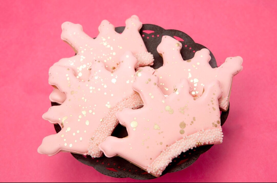 12 Pink Princess Tiara Cookies With Gold Detail Perfect For: Birthdays ...