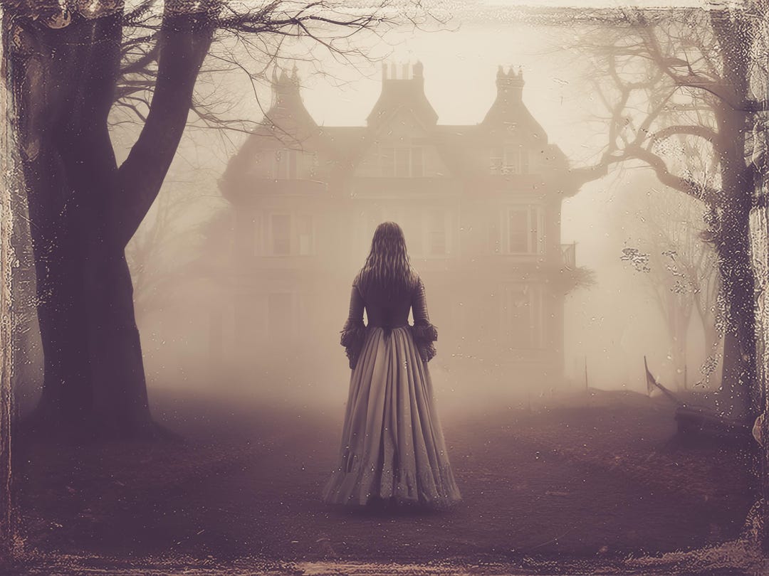 Spooky Victorian Woman and Haunted House Halloween Print - Vintage ...
