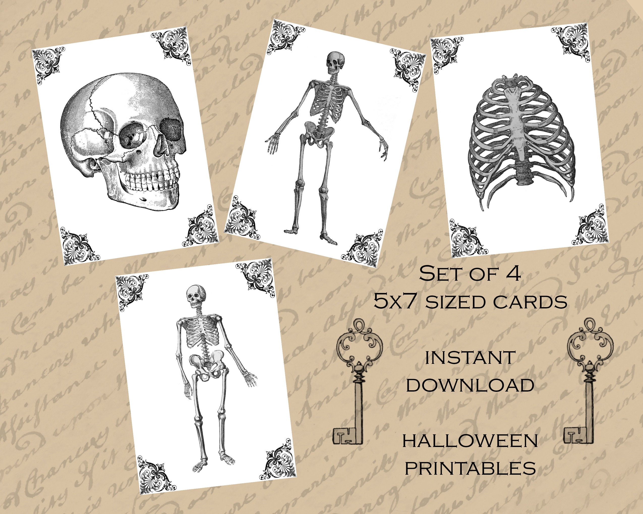 Vintage Skeleton Skull Bones Halloween Printables 4 5x7 - Etsy