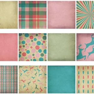 Retro Pastel Christmas Digital Paper, Vintage Reindeer and Designs ...