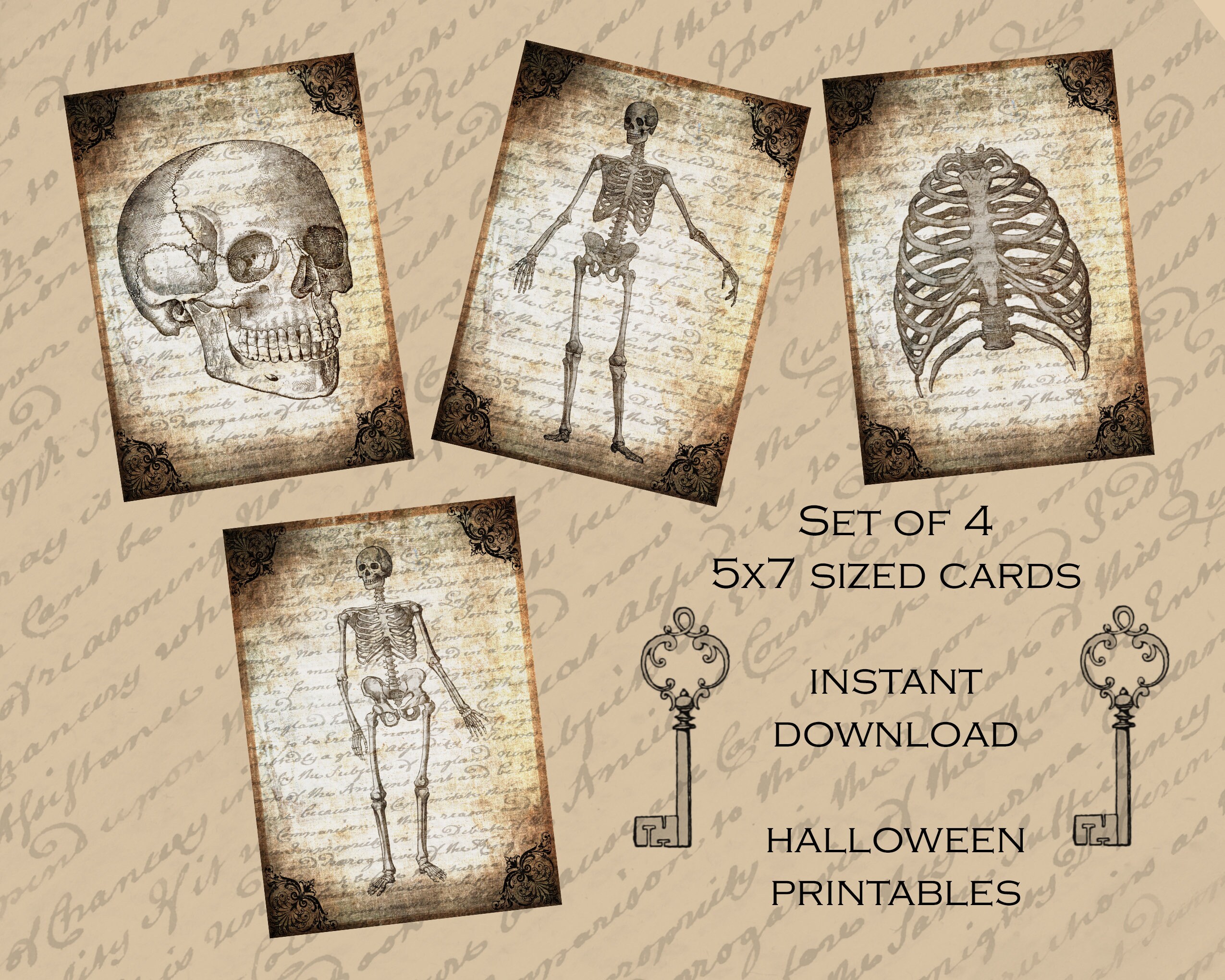 Vintage Skeleton Skull Bones Halloween Printables 4 5x7 - Etsy
