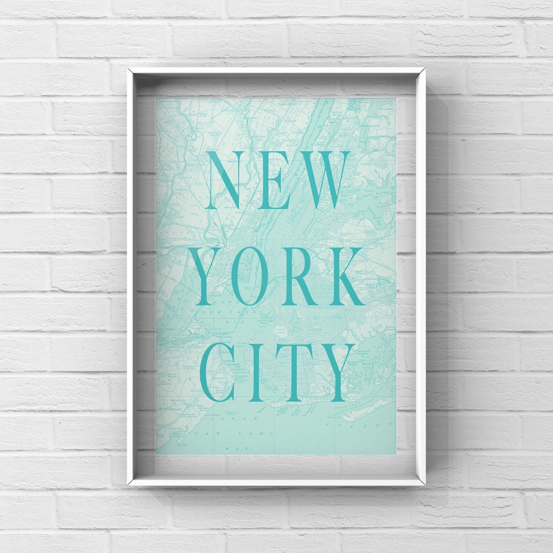 Vintage New York City Map Print Blue, Teal, Instant Digital Download ...