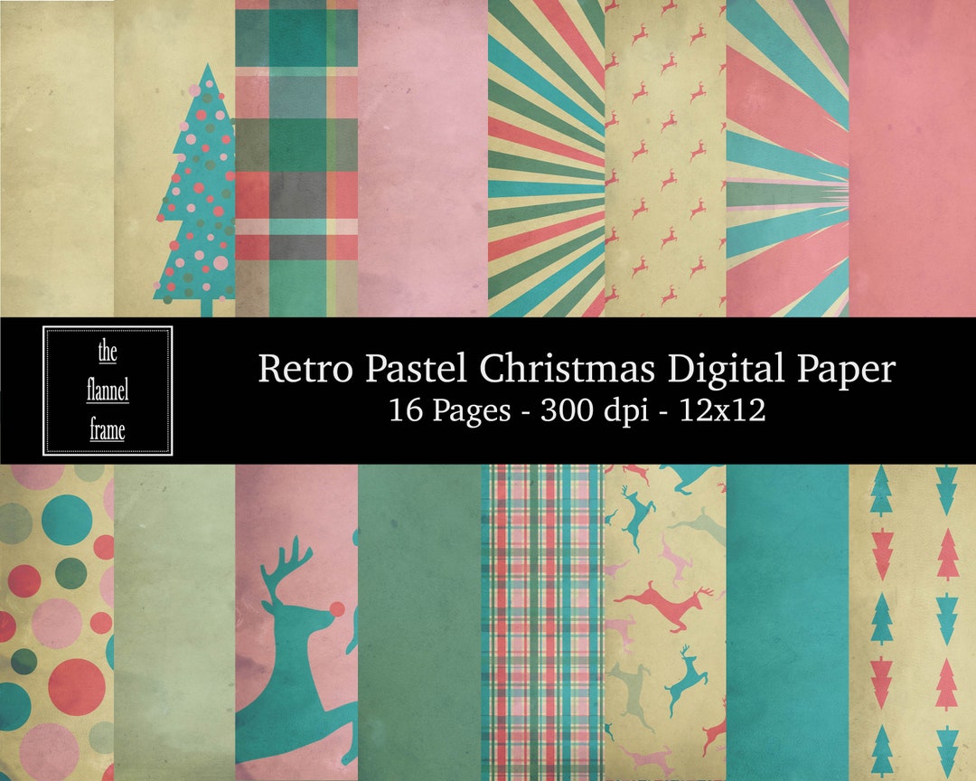 Retro Pastel Christmas Digital Paper, Vintage Reindeer and Designs ...