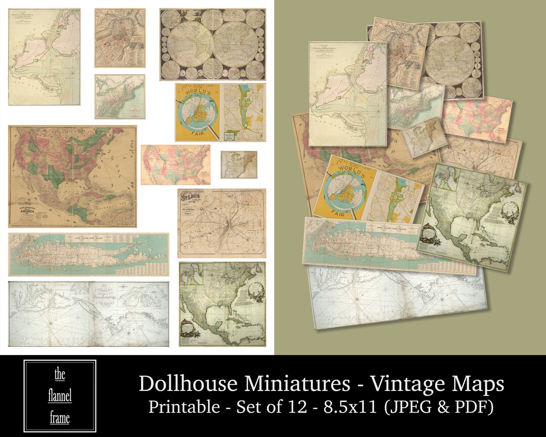 Dollhouse Miniature Vintage Maps - 12 Antique Photos - Instant ...